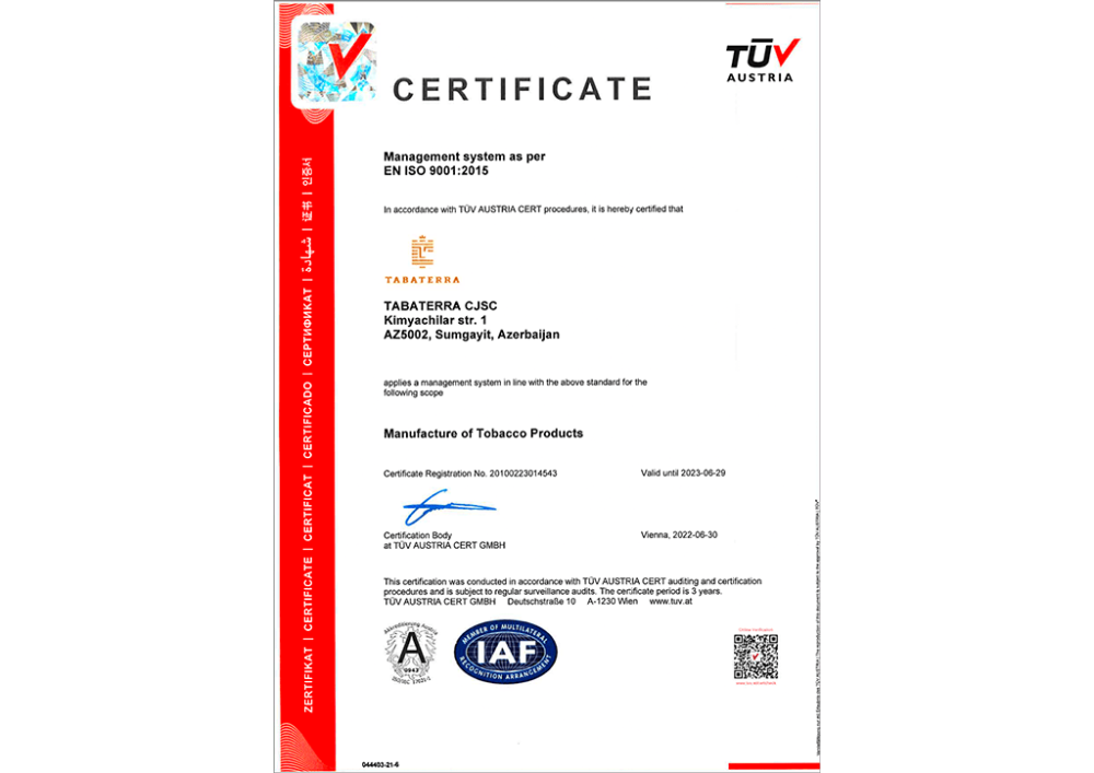 “Tabaterra” CJSC has successfully passed the ISO 9001:2015 Quality ...